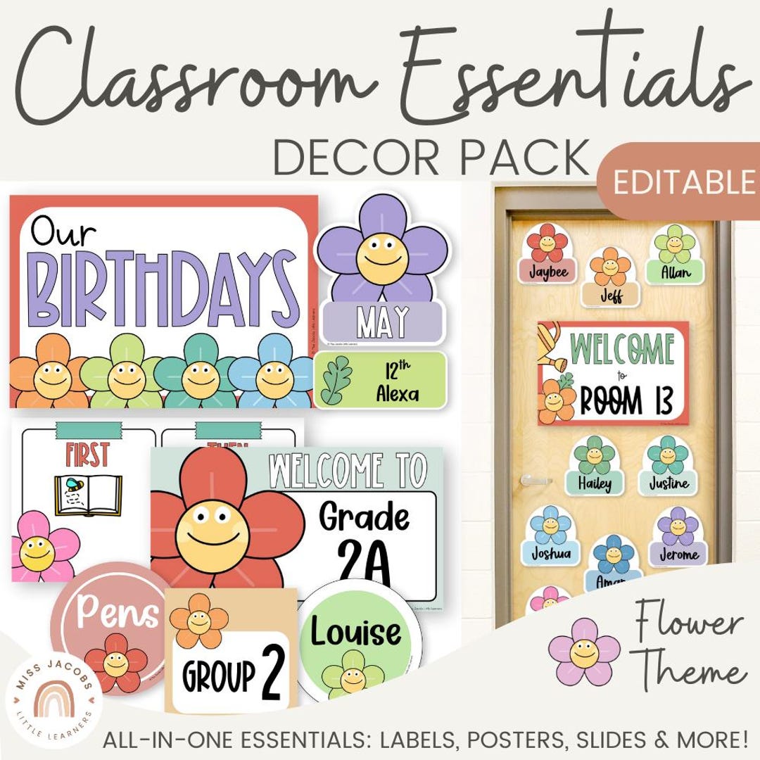 Floral Classroom Decor Bundle, Editable Pastel Spring Theme Decorations ...
