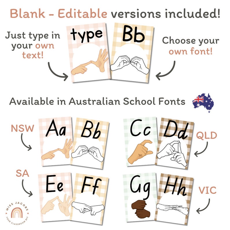 Daisy Gingham Auslan Alphabet Posters: Neutrals Australian Fonts, Sign ...