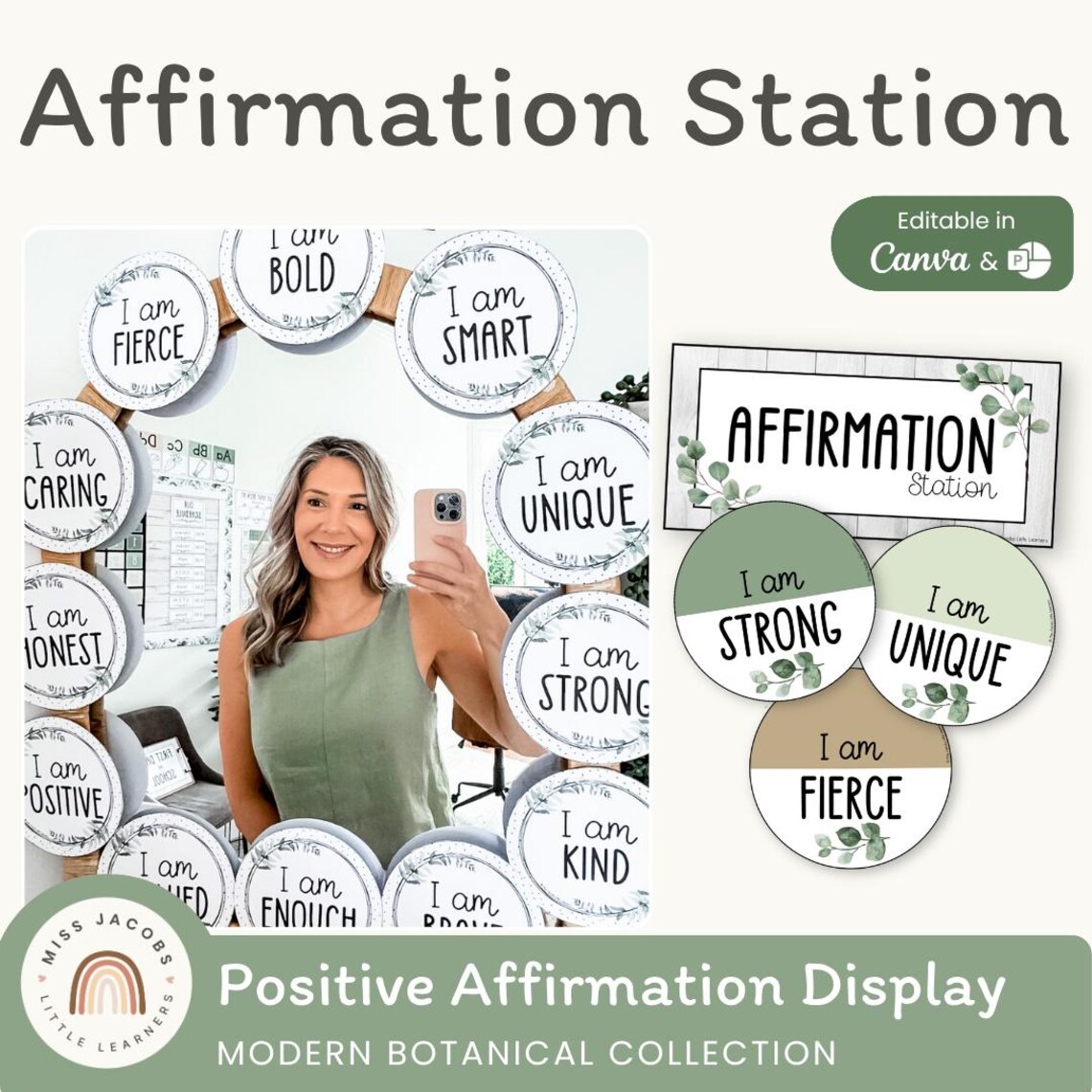 Affirmation Station Printable, Modern Botanical Classroom Decor, Leafy ...