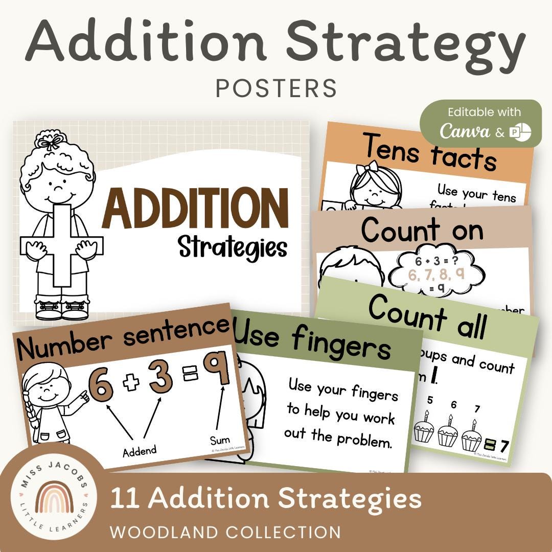 Woodland Addition Strategies Posters, Editable Math Strategy Anchor ...