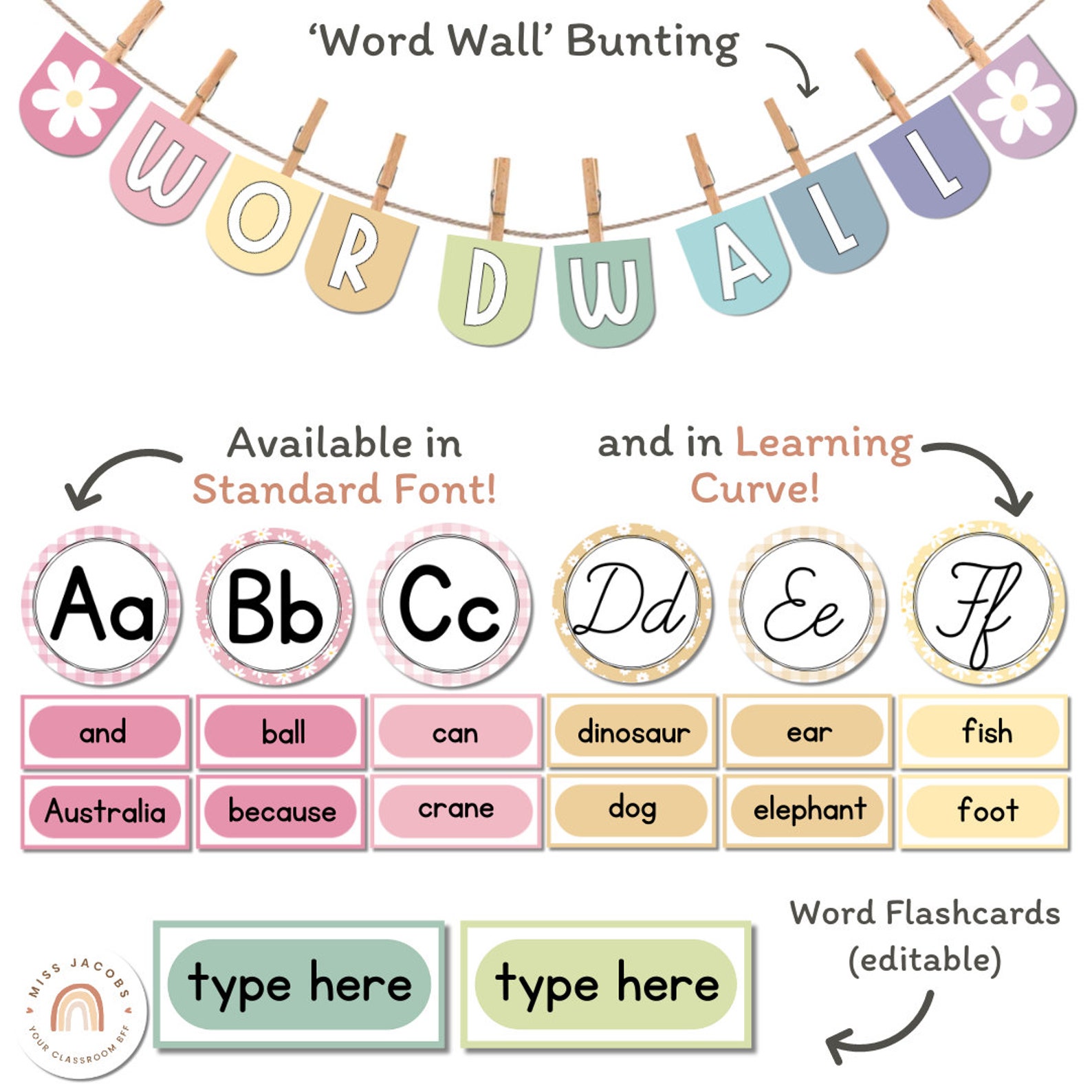 Alphabet Word Wall, Daisy Gingham Pastels Printable Alphabet Word ...