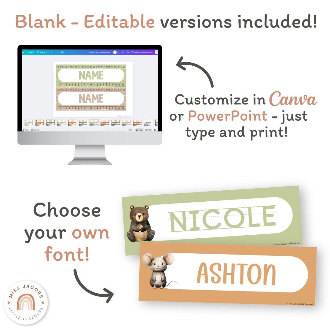 Woodland Student Desk Name Plates, Editable Alphabet & Number Line Name ...