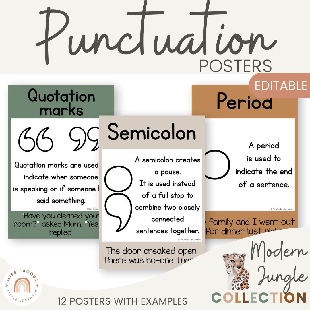Earthy Punctuation Posters, Printable ELA Anchor Charts, Editable ...