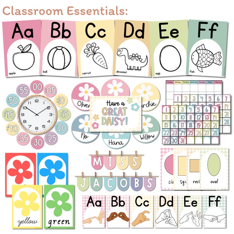 Daisy Gingham Pastels Classroom Decor Bundle | Muted Rainbow Theme ...