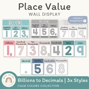 CALM COLORS Place Value Display | Math Posters | Modern Rainbow ...