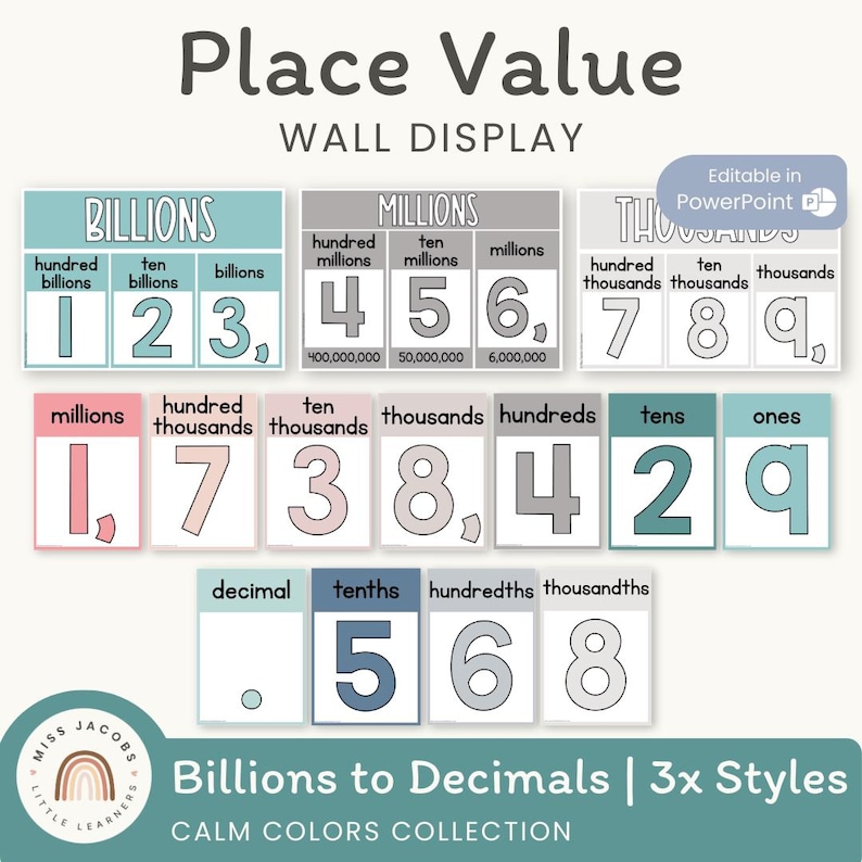 CALM COLORS Place Value Display | Math Posters | Modern Rainbow ...