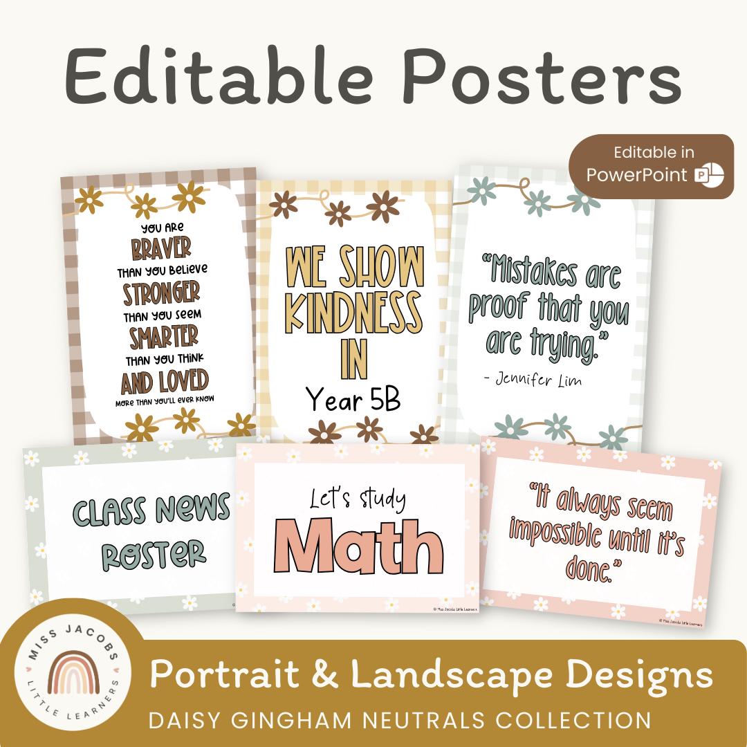 Editable Classroom Posters | Daisy Gingham Neutrals Classroom Decor - Etsy