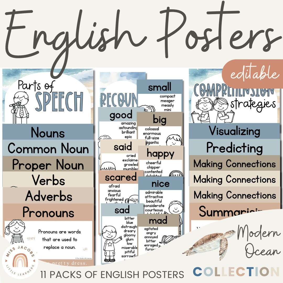 English Posters Bundle Reading and Writing Strategies Modern Ocean ...