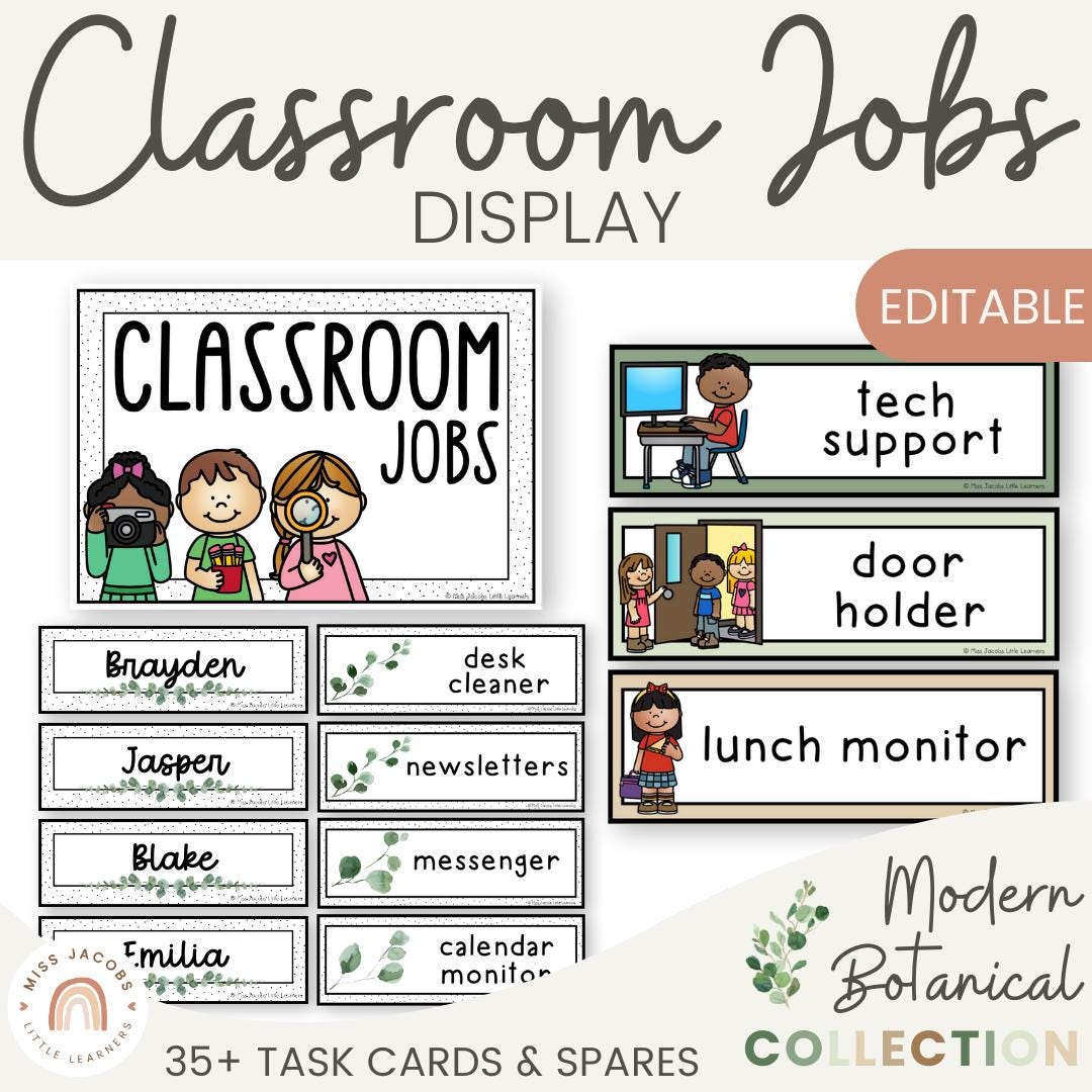 Classroom Job Chart Printable, Editable Nature-themed Job Card Display ...