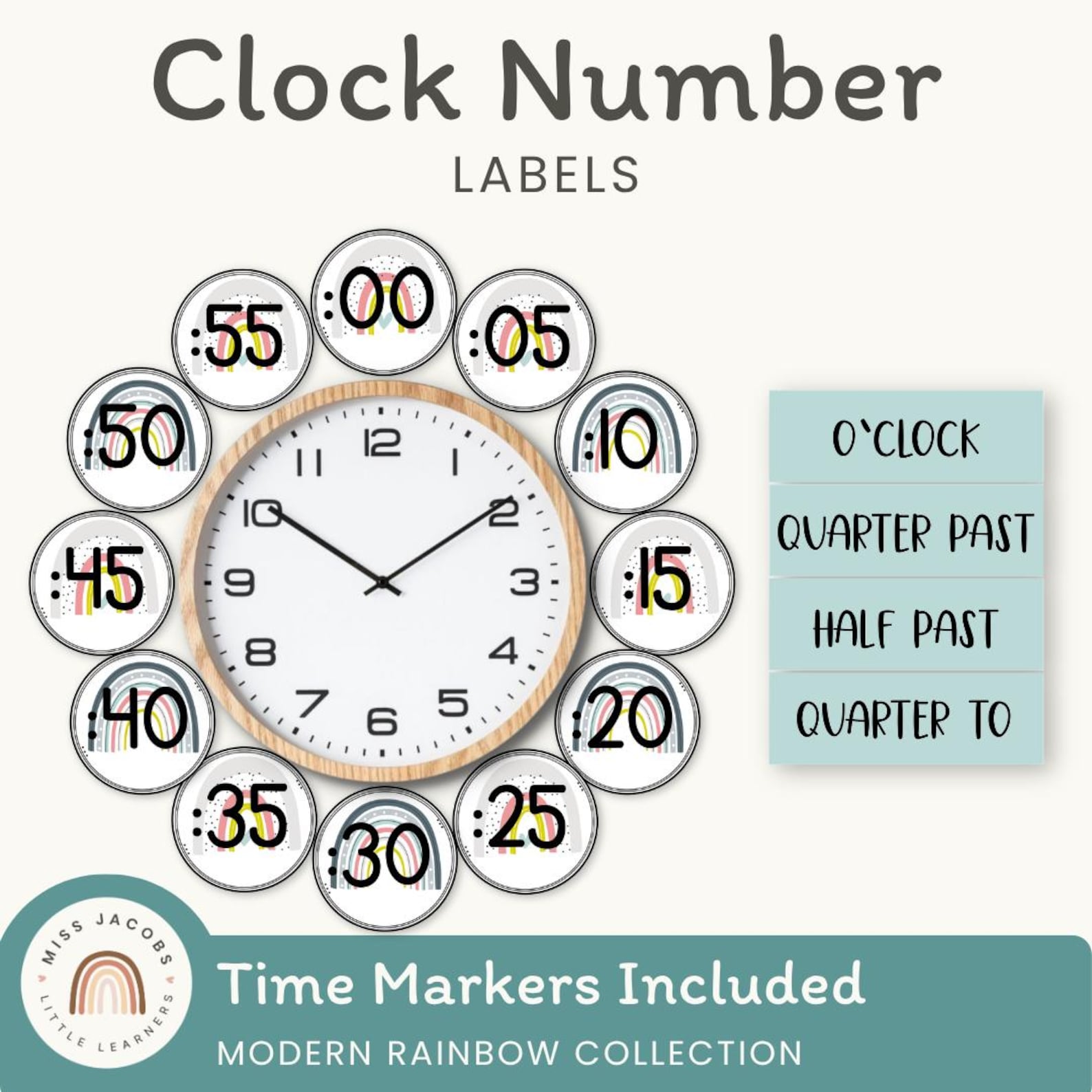 MODERN RAINBOW Clock Numbers | Calm Colors Classroom Decor - Etsy
