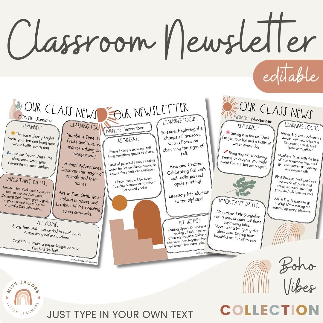 Classroom Newsletter Templates Editable Boho Vibes Classroom Theme ...