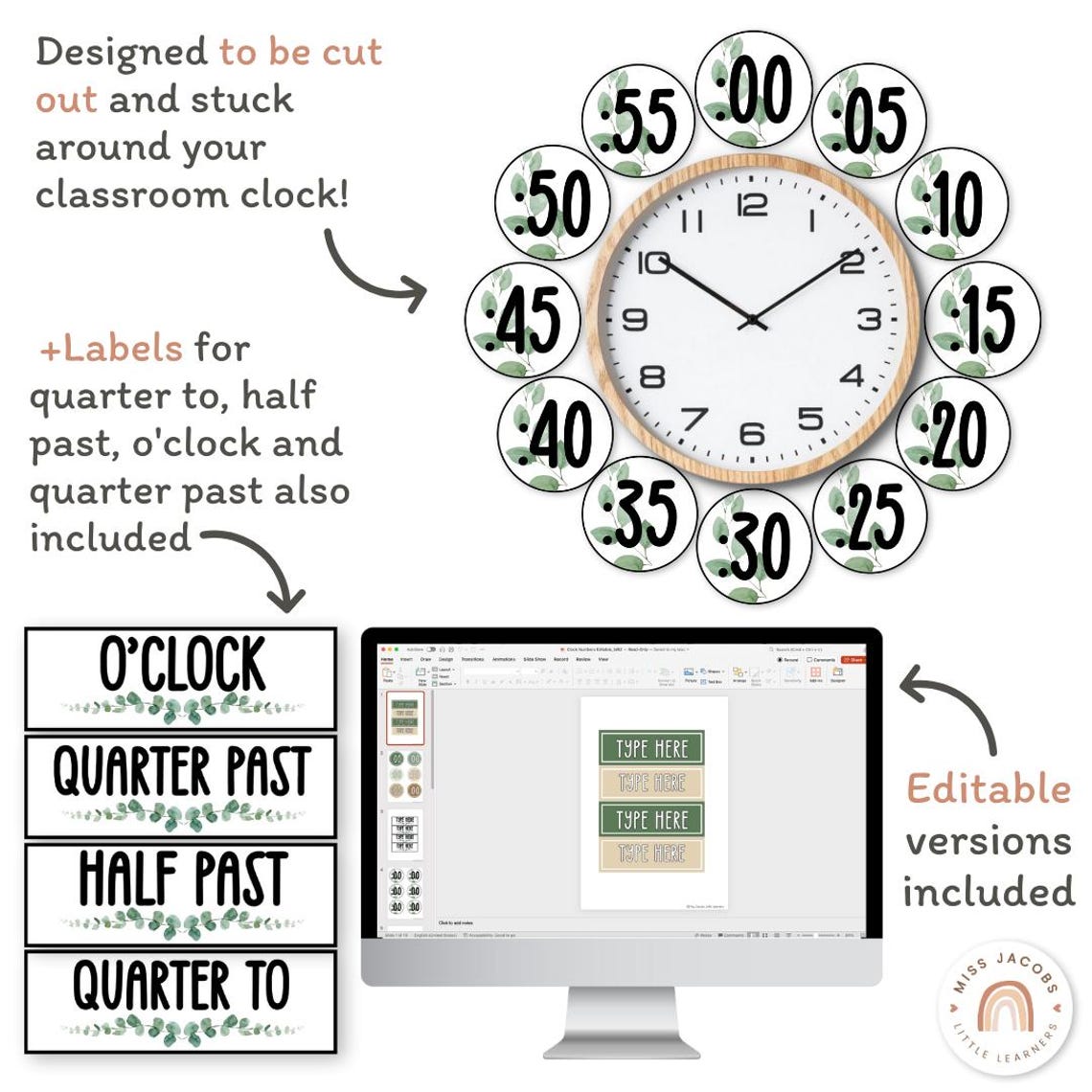 Clock Labels for Classroom, Minute Numbers & Time Phrases, Editable ...