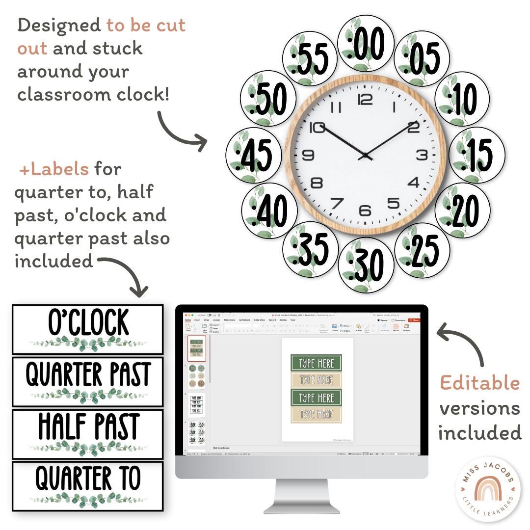 Clock Labels for Classroom, Minute Numbers & Time Phrases, Editable ...