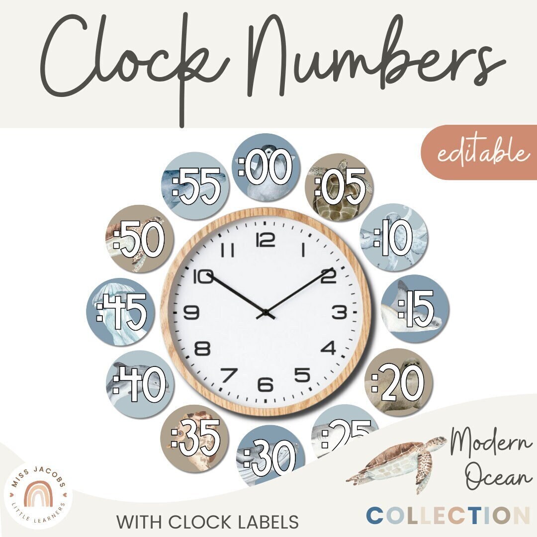 Clock Numbers | Modern Ocean Classroom Decor | Editable - Etsy