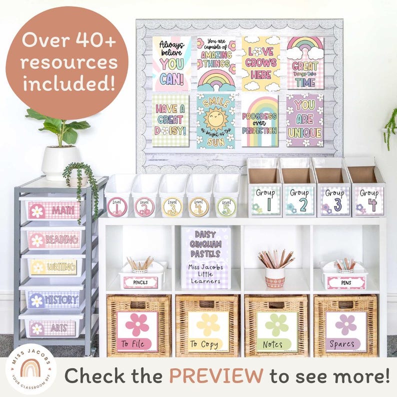 Daisy Gingham Pastels Classroom Decor Bundle | Muted Rainbow Theme ...