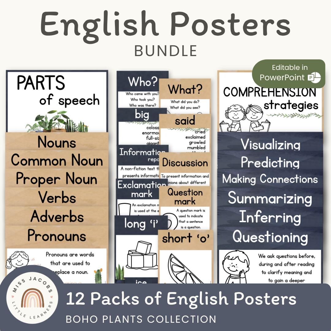 English Classroom Poster Bundle, Set of 12 Boho Plants ELA Posters for ...