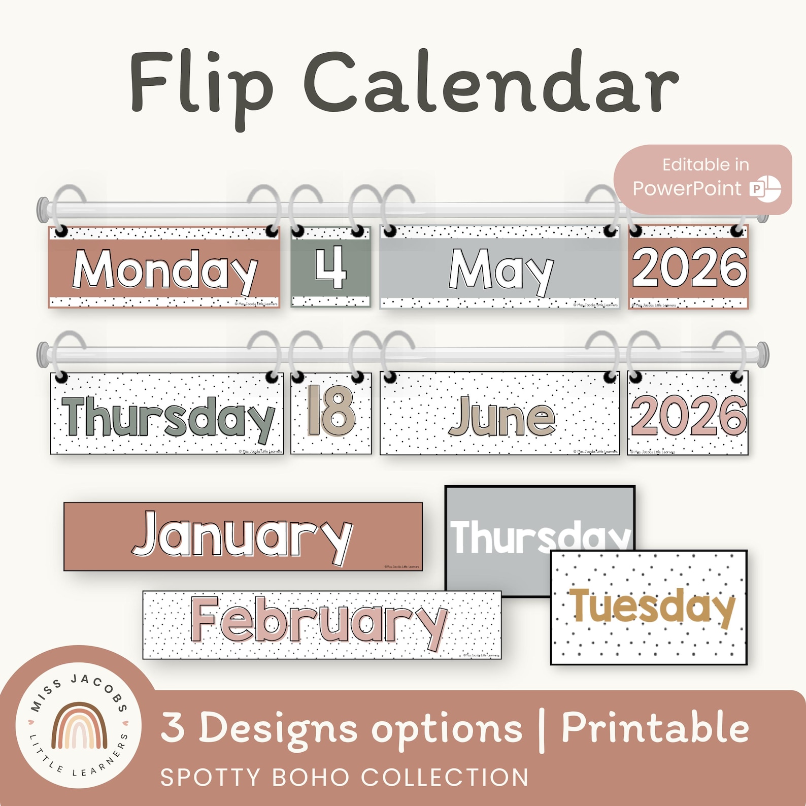 Flip Calendar | Spotty Boho Classroom Decor | Neutral Rainbow Themed ...