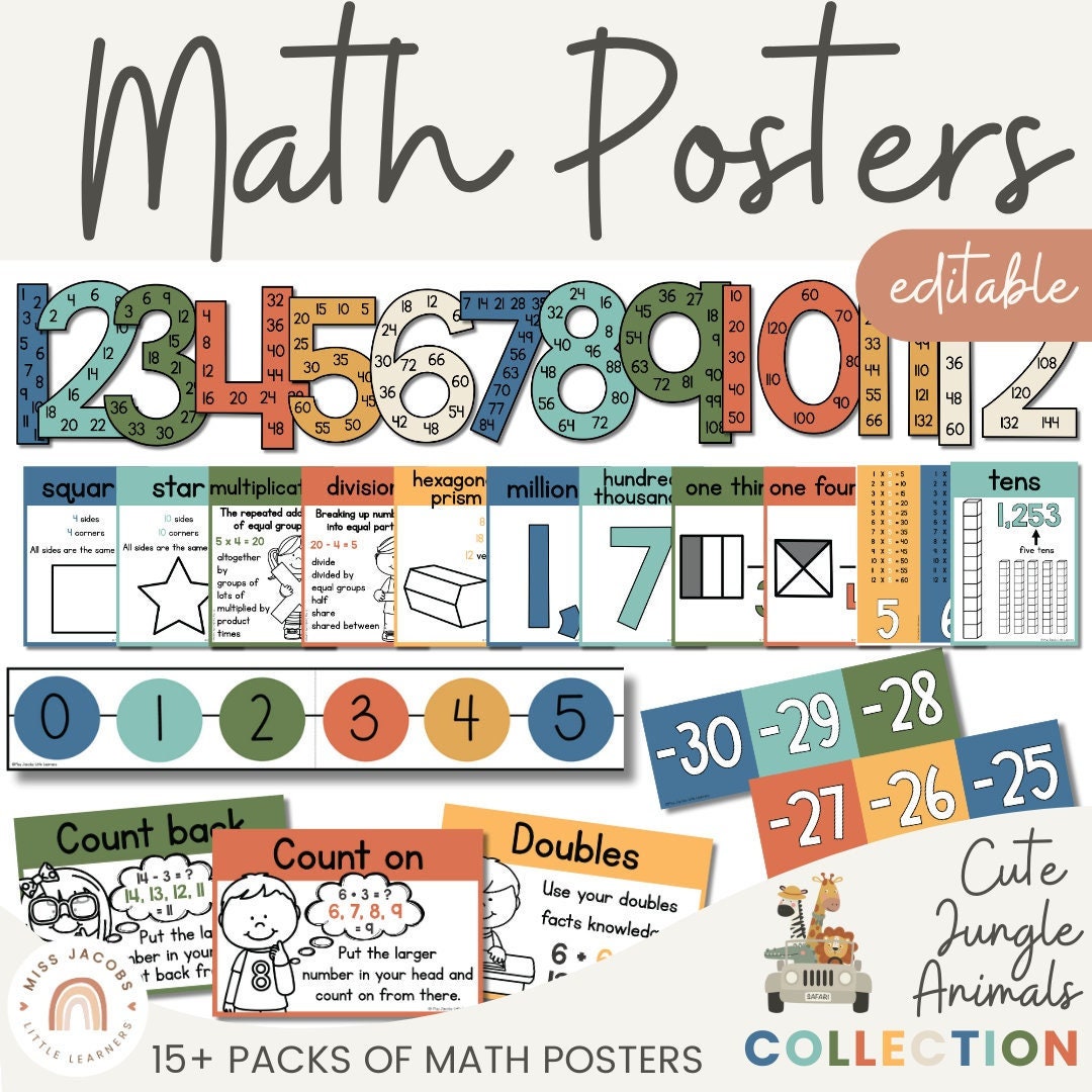 Math Posters Bundle Cute Jungle Animals Classroom Decor Editable - Etsy