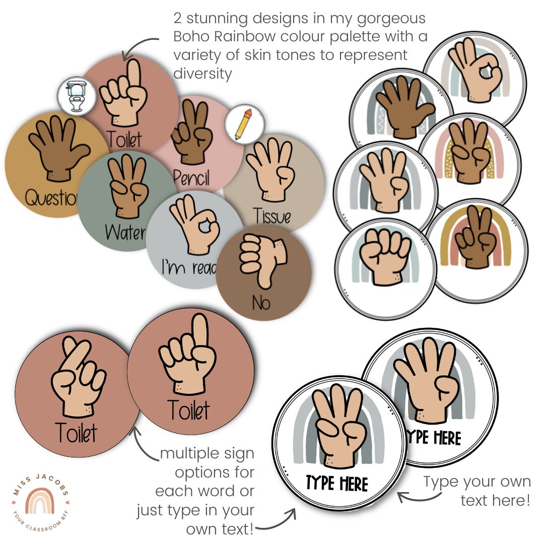 BOHO RAINBOW Hand Signals Posters | Editable | Neutral Rainbow ...