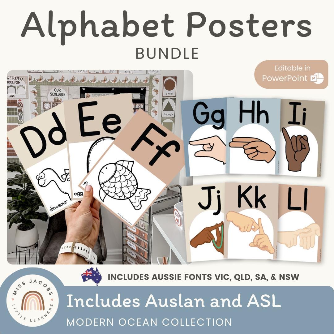 Alphabet Posters Bundle: Modern Ocean Theme English, ASL and Auslan ...