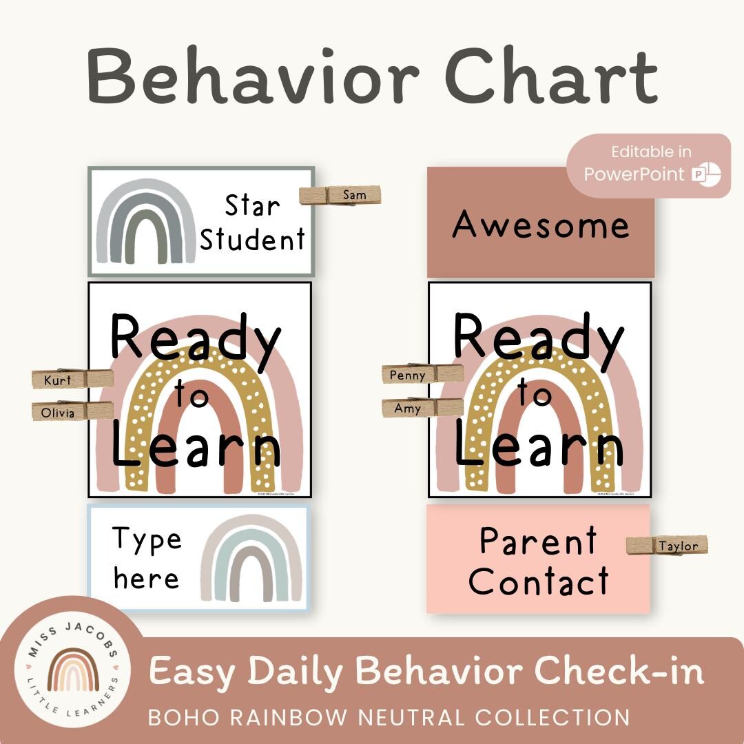 BOHO RAINBOW Behavior Clip Chart | Editable | Neutral Rainbow Classroom ...