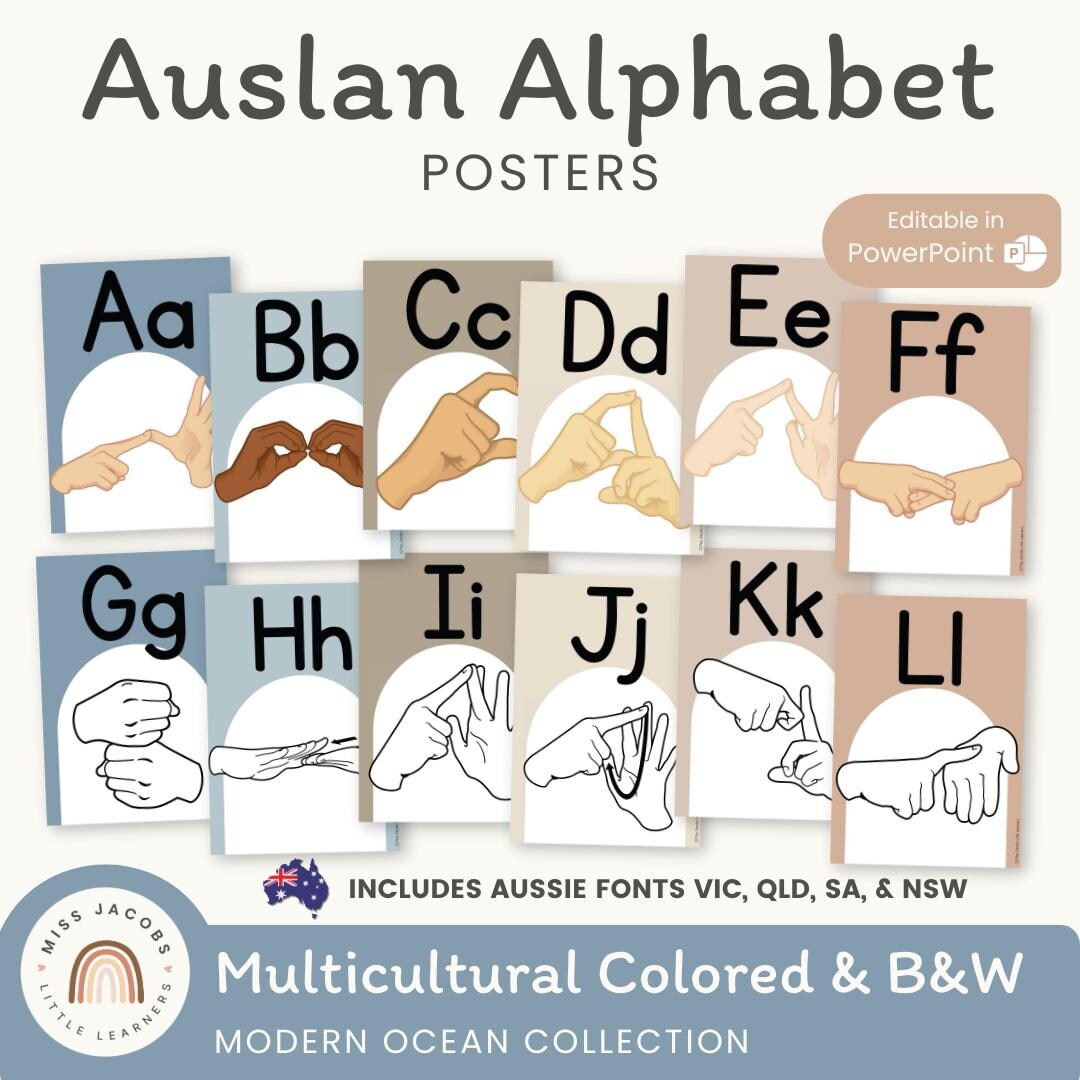 Auslan Alphabet Posters: Modern Ocean Theme Australian Fonts, Sign ...