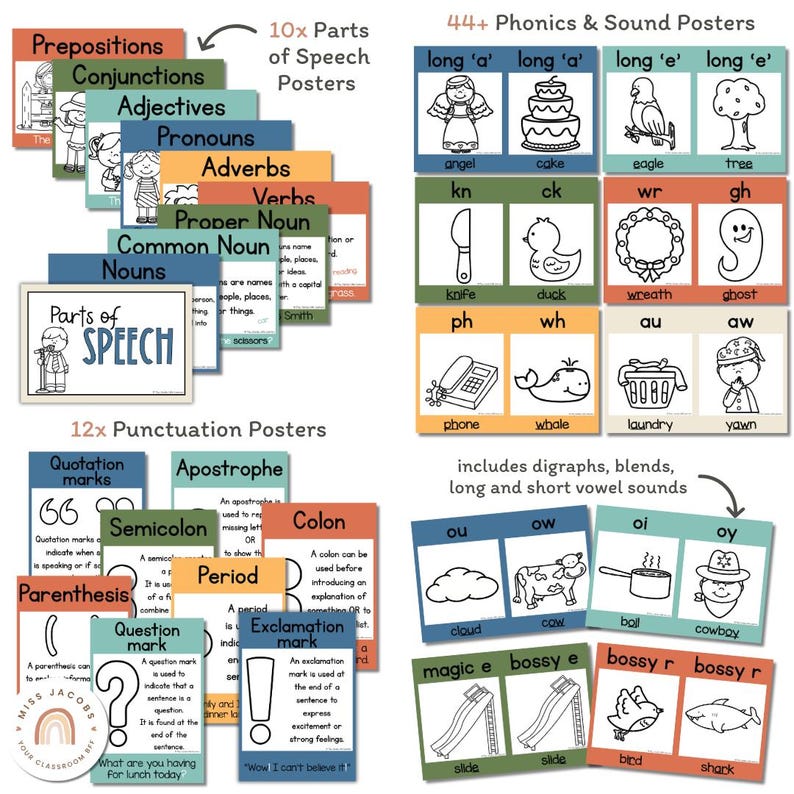 12 Packs English Posters Bundle, Grammar Posters Literacy Wall Bulletin ...
