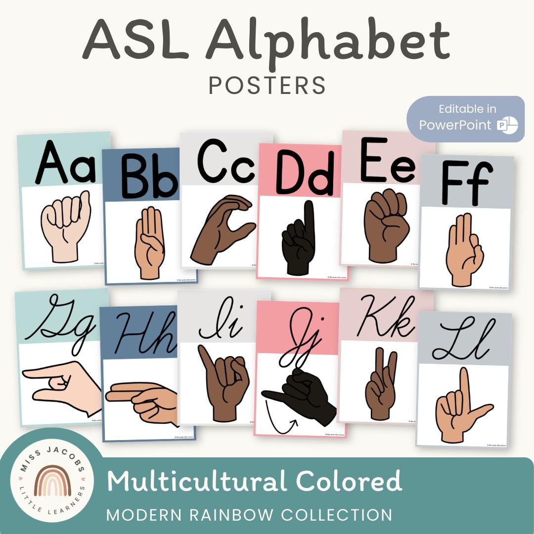 ASL Alphabet Posters, Modern Rainbow American Sign Language Poster ...