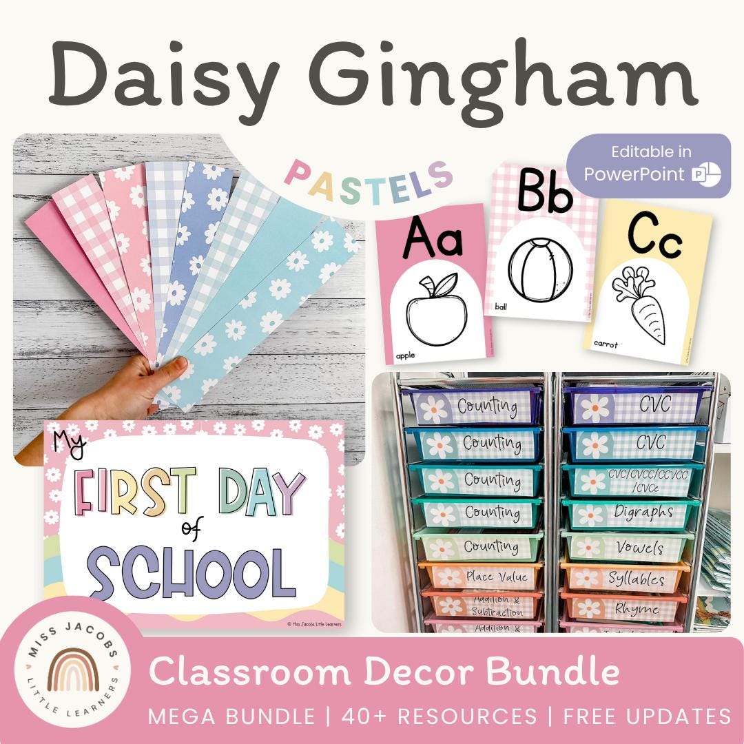 Daisy Gingham Pastels Classroom Decor Bundle | Muted Rainbow Theme ...