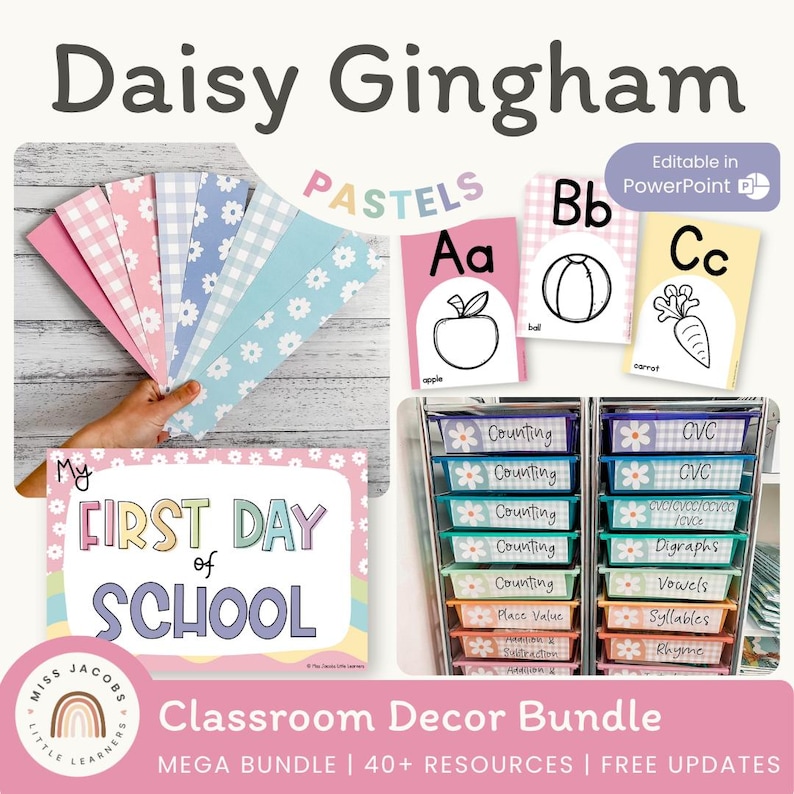 Daisy Gingham Pastels Classroom Decor Bundle | Muted Rainbow Theme ...