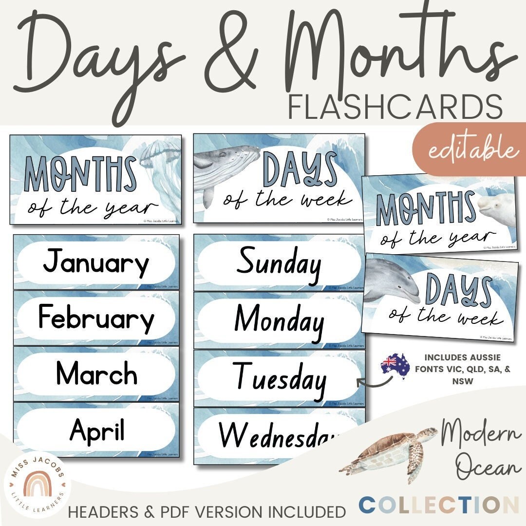 Days and Months Flashcards | Modern Ocean Classroom Decor | Editable - Etsy