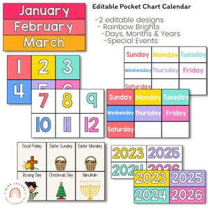 Classroom Calendar | BRIGHTS | Pocket Chart and Standard Size - Etsy