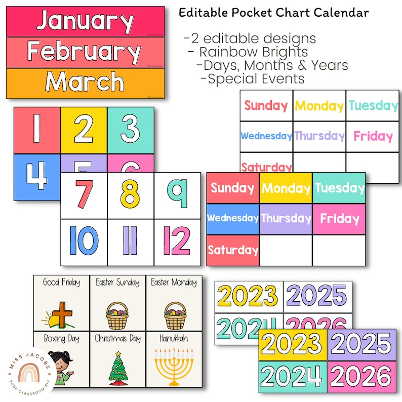 Classroom Calendar | BRIGHTS | Pocket Chart and Standard Size - Etsy