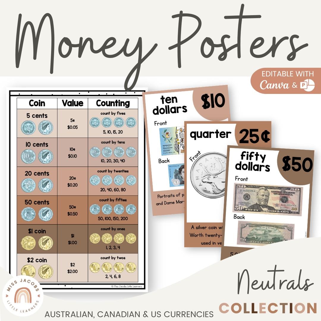 Printable Neutral Money Posters, Counting Coin & Bill Charts, US AUD ...