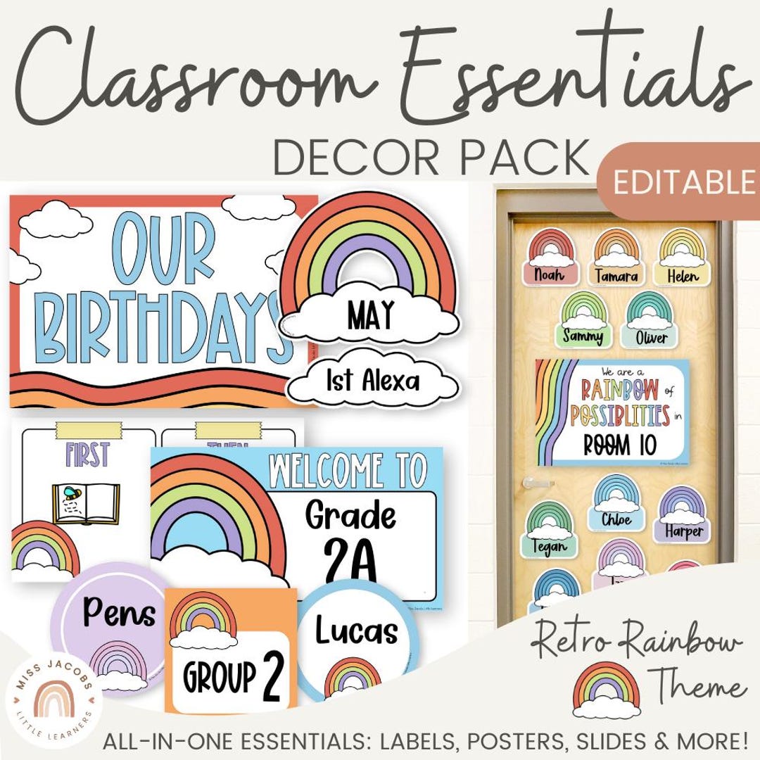 Retro Rainbow Classroom Decor Bundle, Editable Calm Bright Teacher ...