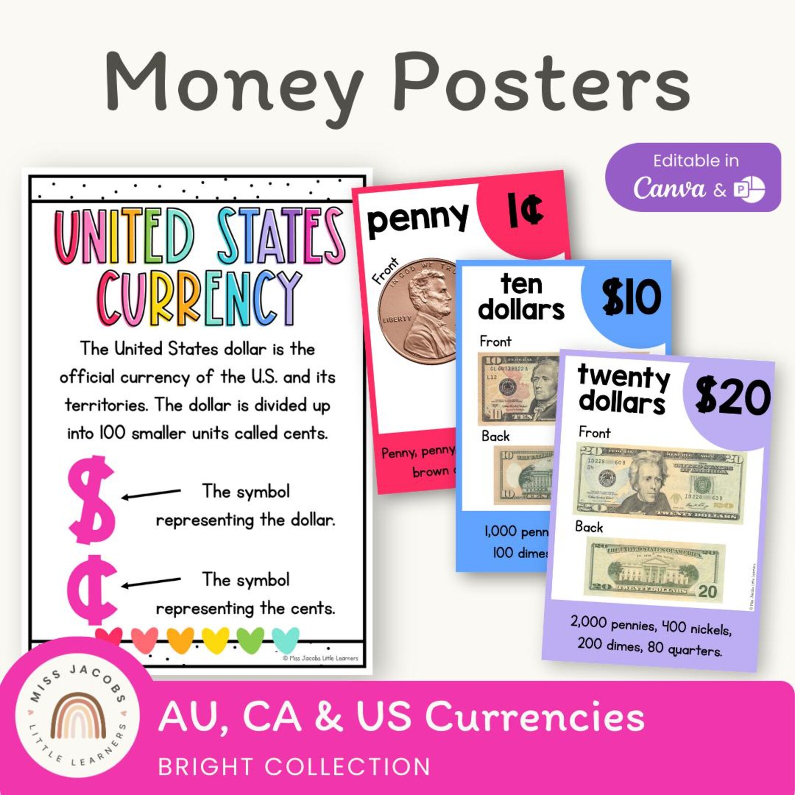 Bright Classroom Money Posters, Printable US CAD AUD Dollar Bill & Coin ...
