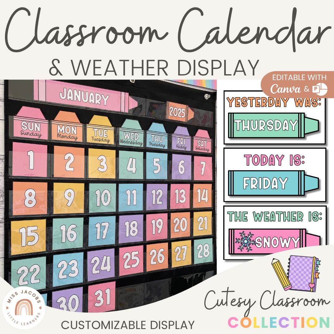 Cutesy Calendar and Weather Classroom Display, Printable Teacher Pocket ...