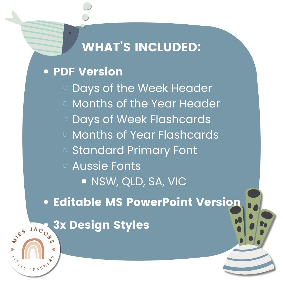 Days and Months Flashcards | Cute Sea Life Classroom Decor | Editable ...