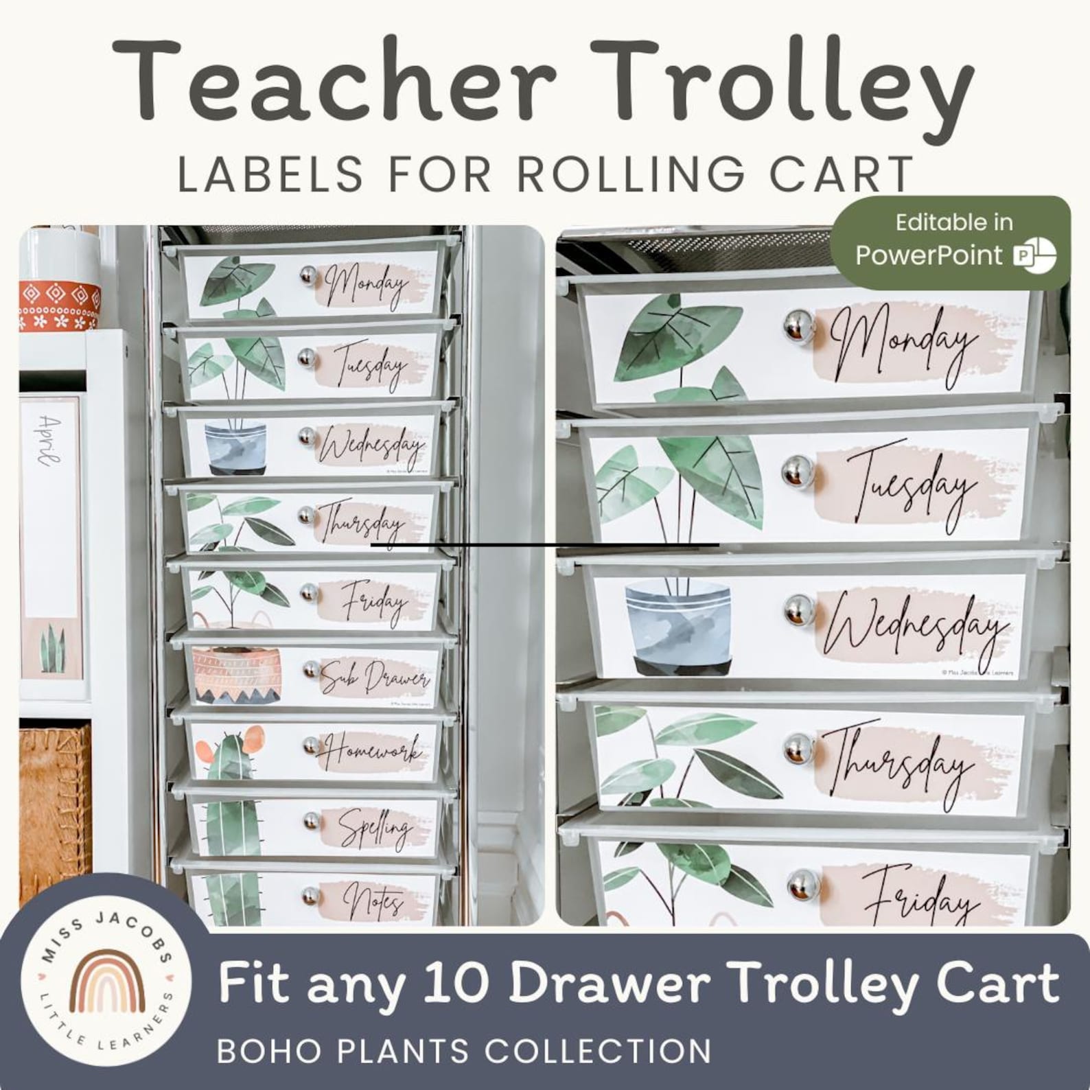10 Drawer Cart Labels | Rustic Boho Plants Teacher Trolley Labels ...