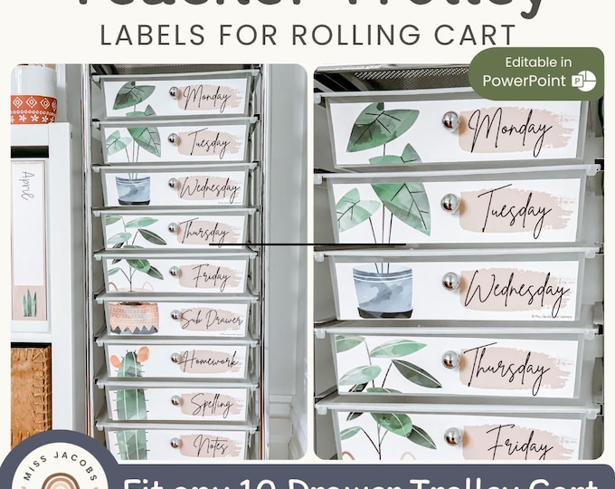 10 Drawer Cart Labels | Rustic Boho Plants Teacher Trolley Labels ...