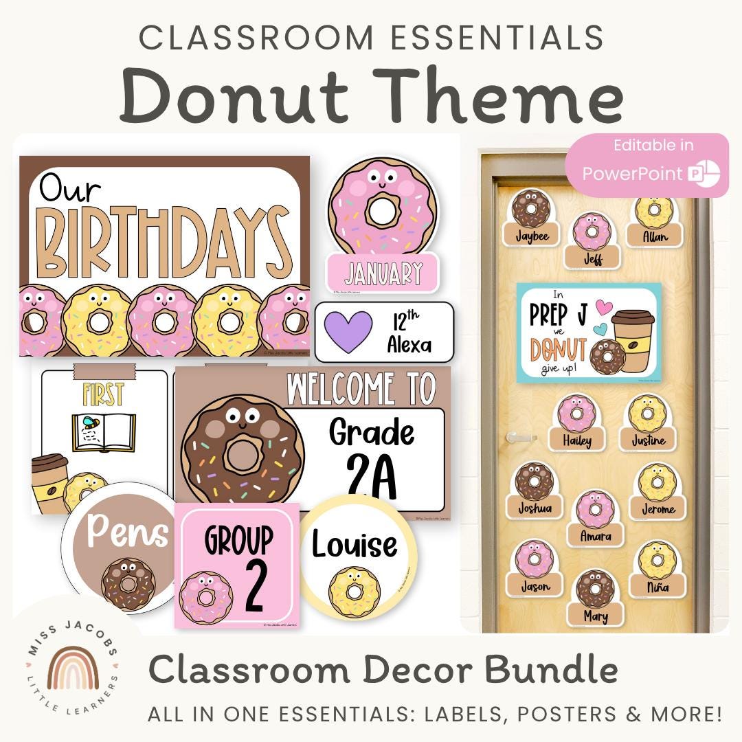 Cute Donut Classroom Decor Bundle, 5 Sets Editable Pastel Teacher ...