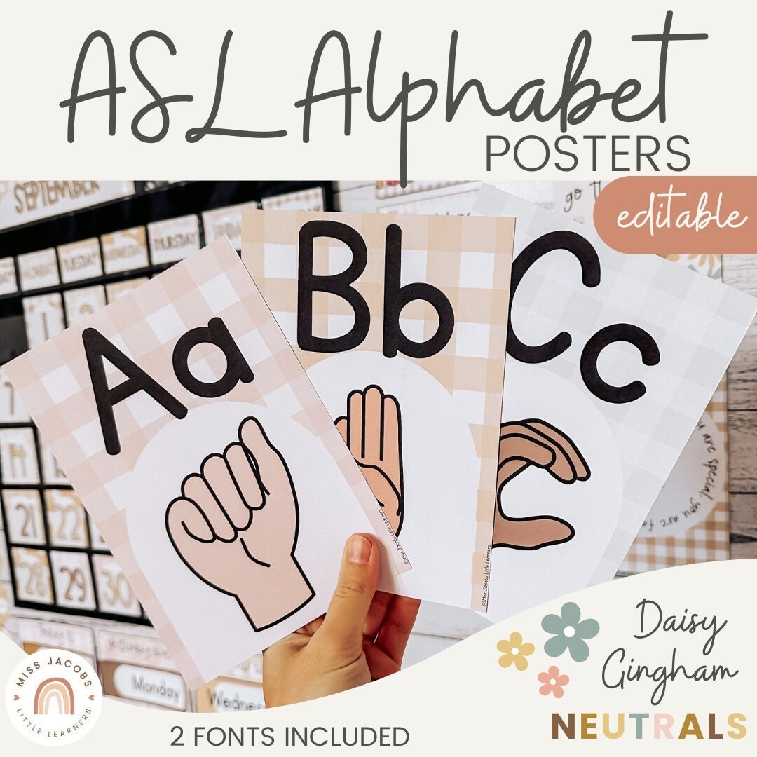 ASL american Sign Language Alphabet Posters Daisy Gingham Neutrals ...