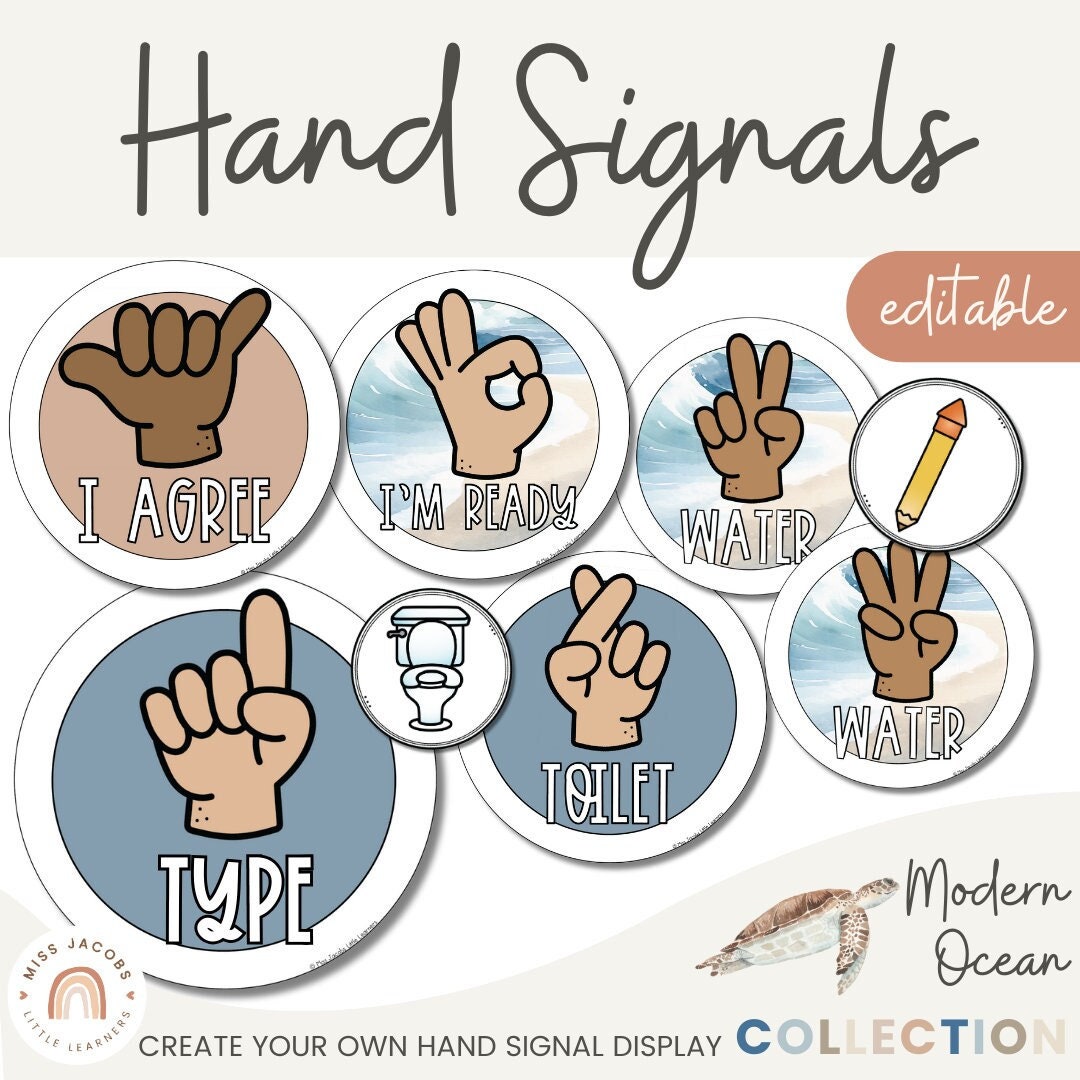 Hand Signals | Modern Ocean Classroom Decor | Editable - Etsy