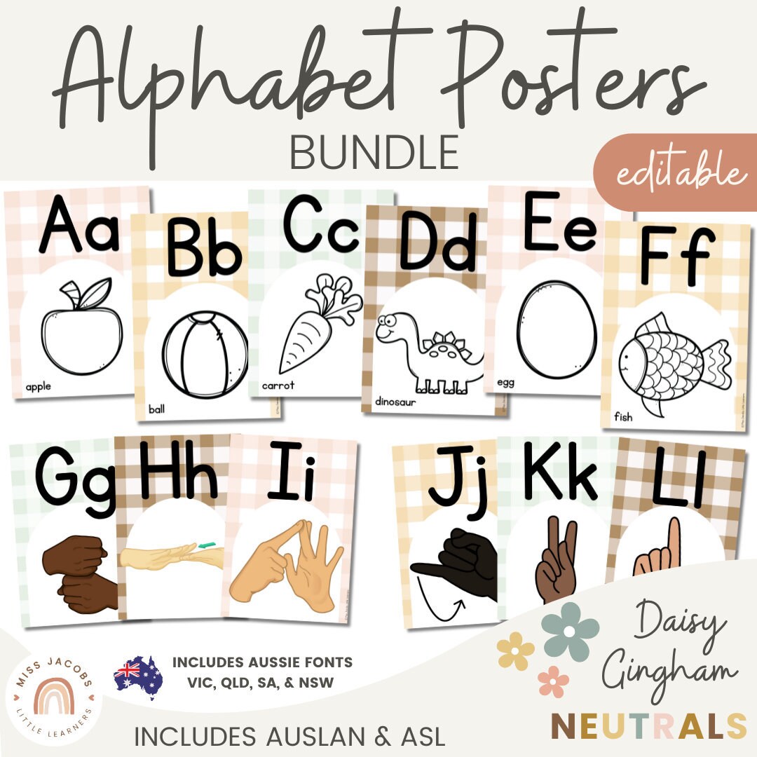Alphabet Posters With ASL and Auslan Alphabet Daisy Gingham Editable ...