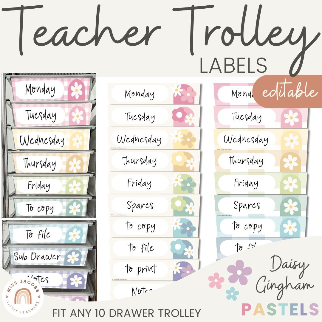Teacher Trolley Labels | 10 Drawer Cart Labels in Daisy Gingham ...