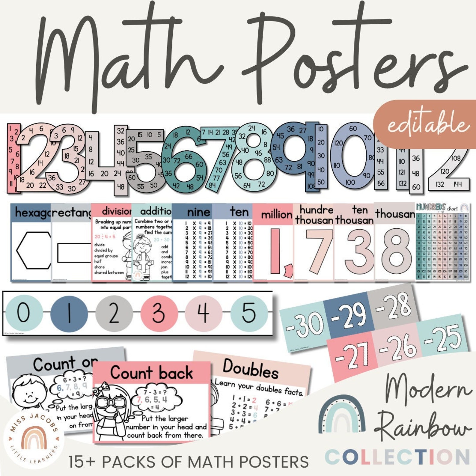 CALM COLORS Math Posters Bundle Modern Rainbow Classroom Decor - Etsy