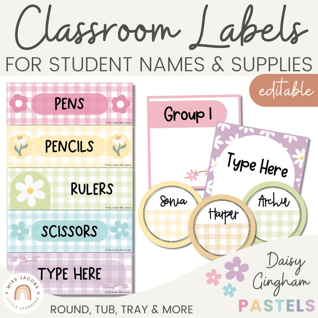 Classroom Supply Labels & Student Name Tags Bundle | Daisy Gingham ...