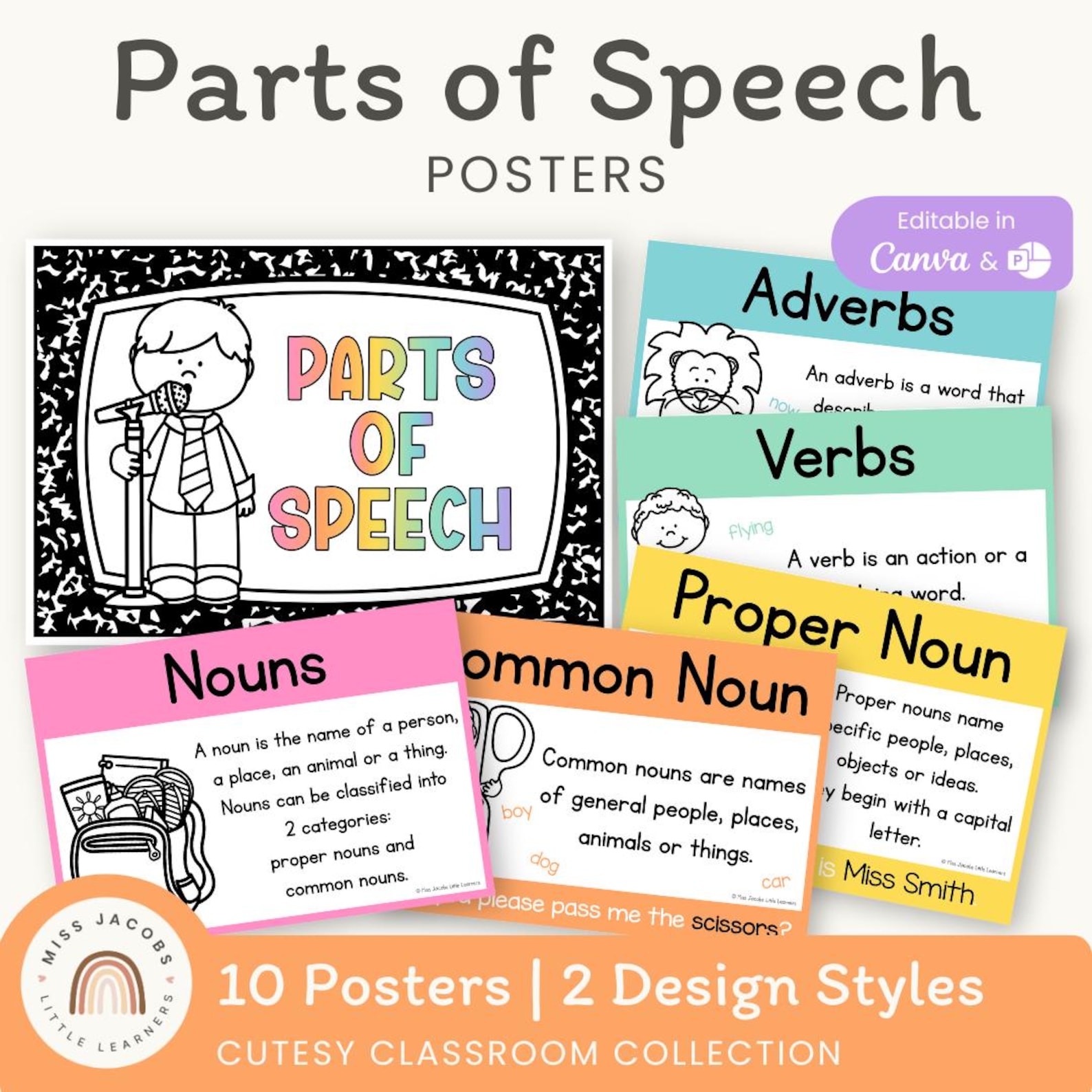Cutesy Parts of Speech Posters, Colorful Grammar Anchor Charts ...