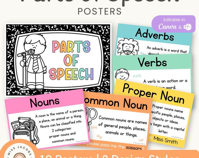 Cutesy Parts of Speech Posters, Colorful Grammar Anchor Charts ...