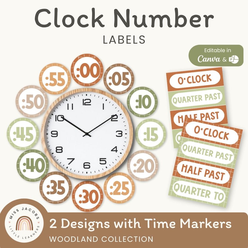 Woodland Clock Labels, Printable Minute Numbers Learning Time, Editable ...